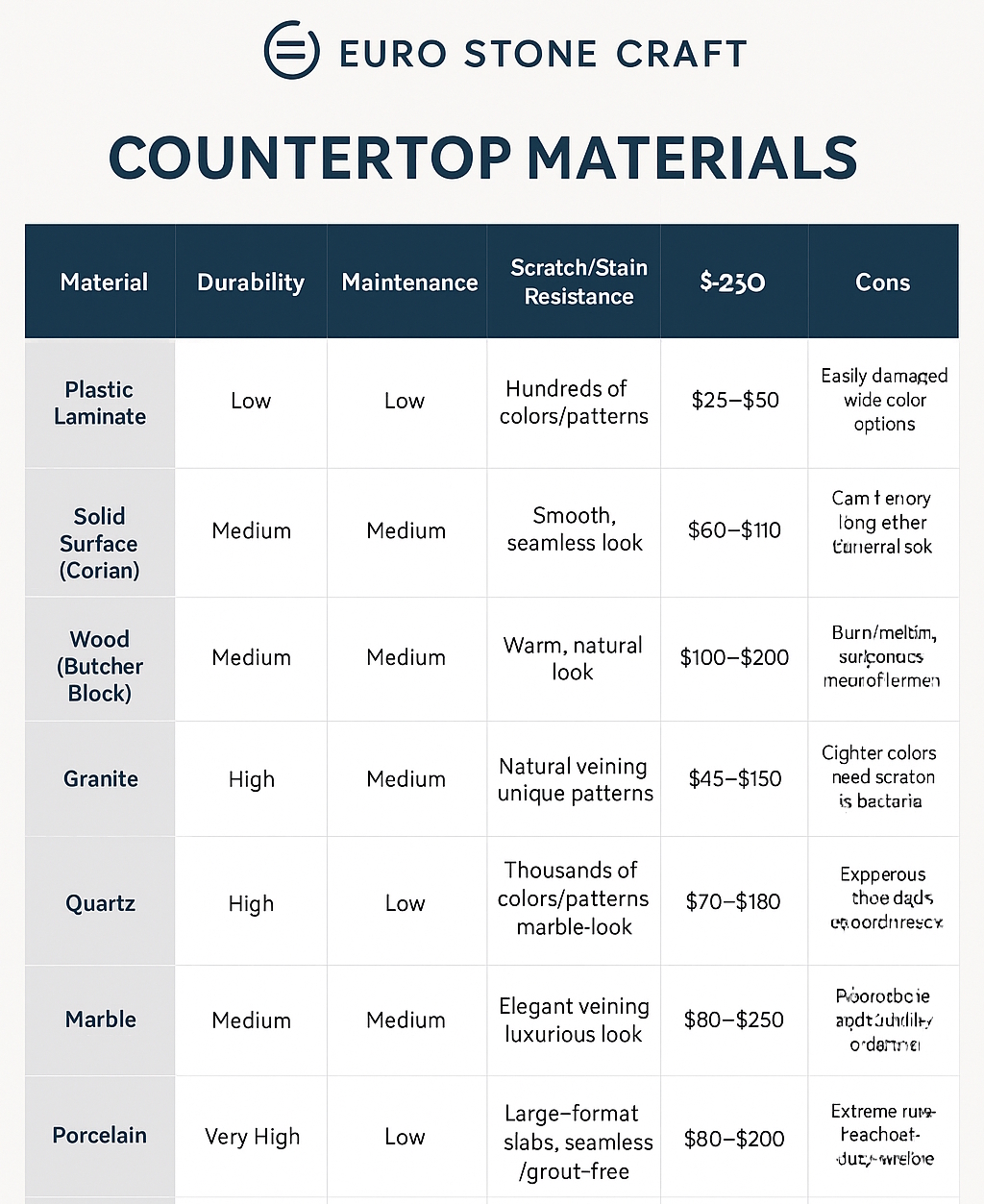 Countertop Comparison Chart - Euro Stone Craft
